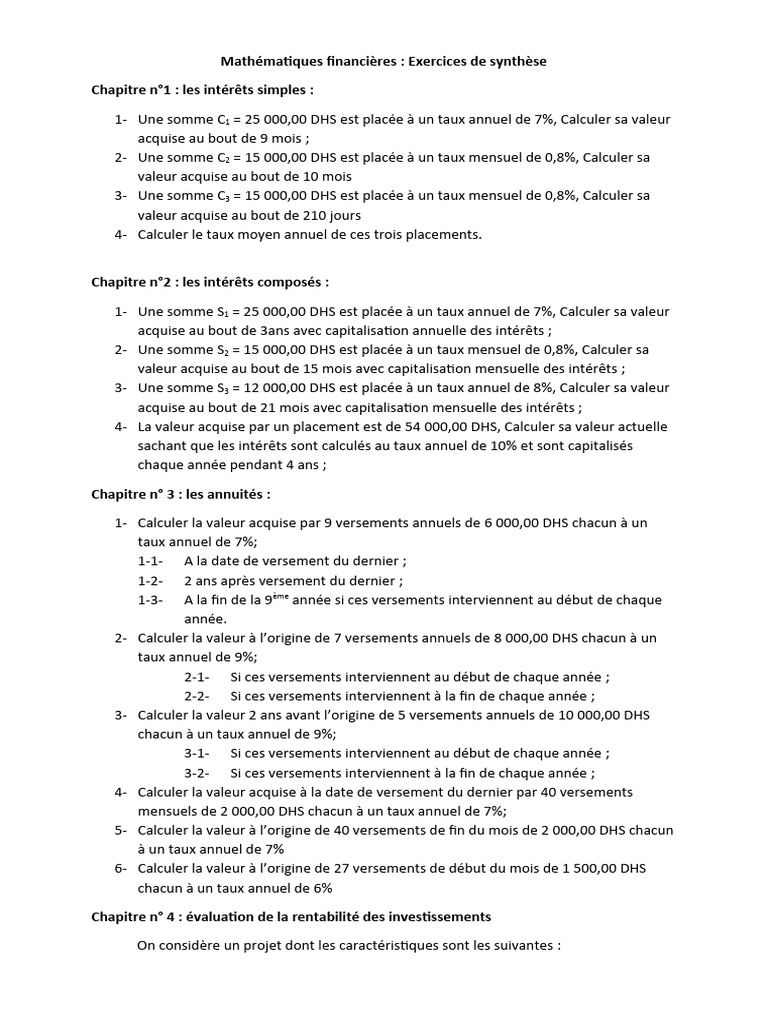 Mathématiques Financières - Exercices de Synthèse 1 | PDF