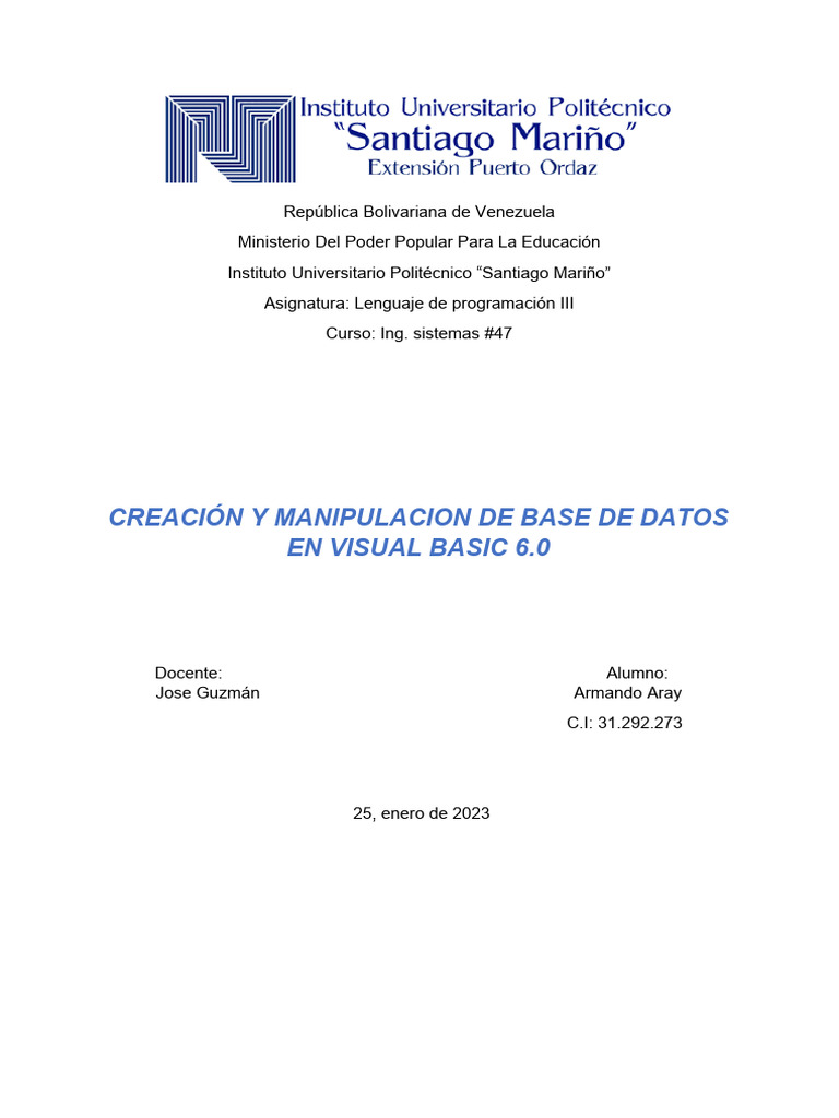 Creacion y Manipulación de Base de Datos en VB 6.0 | PDF