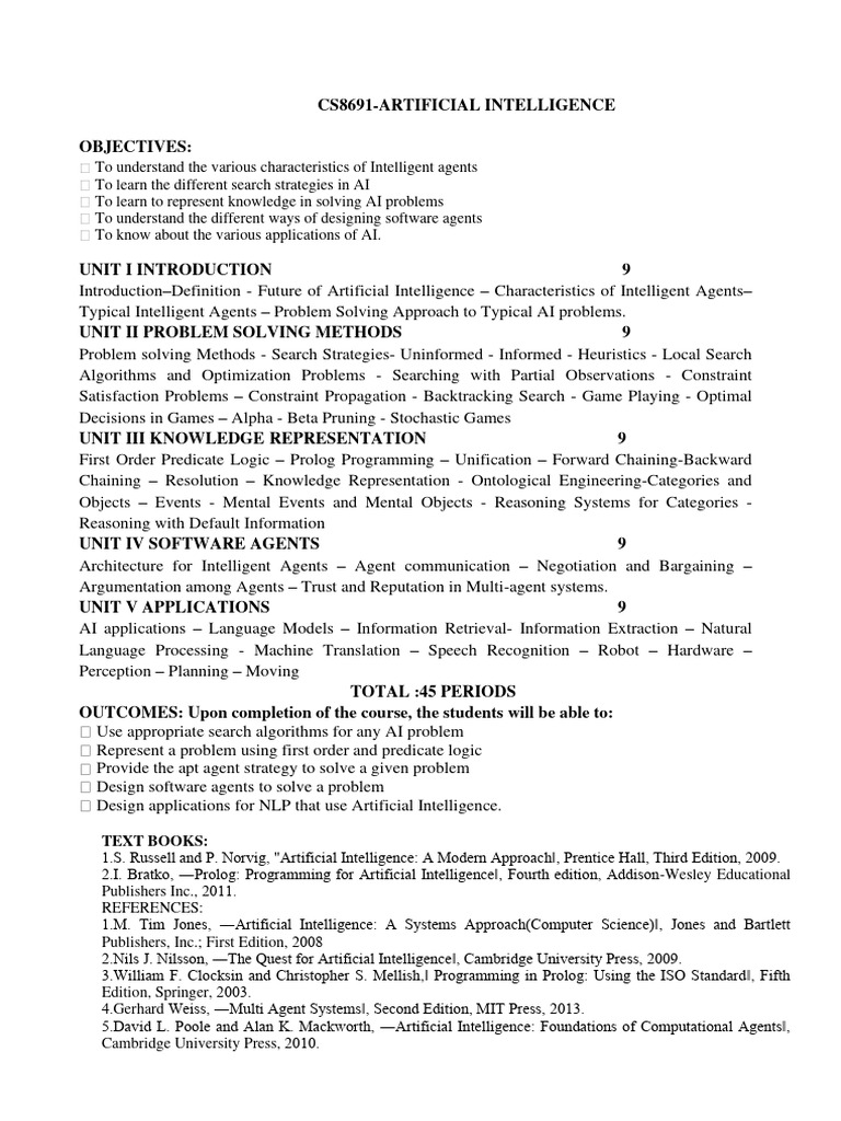CS8691 Syllabus | PDF | Artificial Intelligence | Intelligence (AI) & Semantics