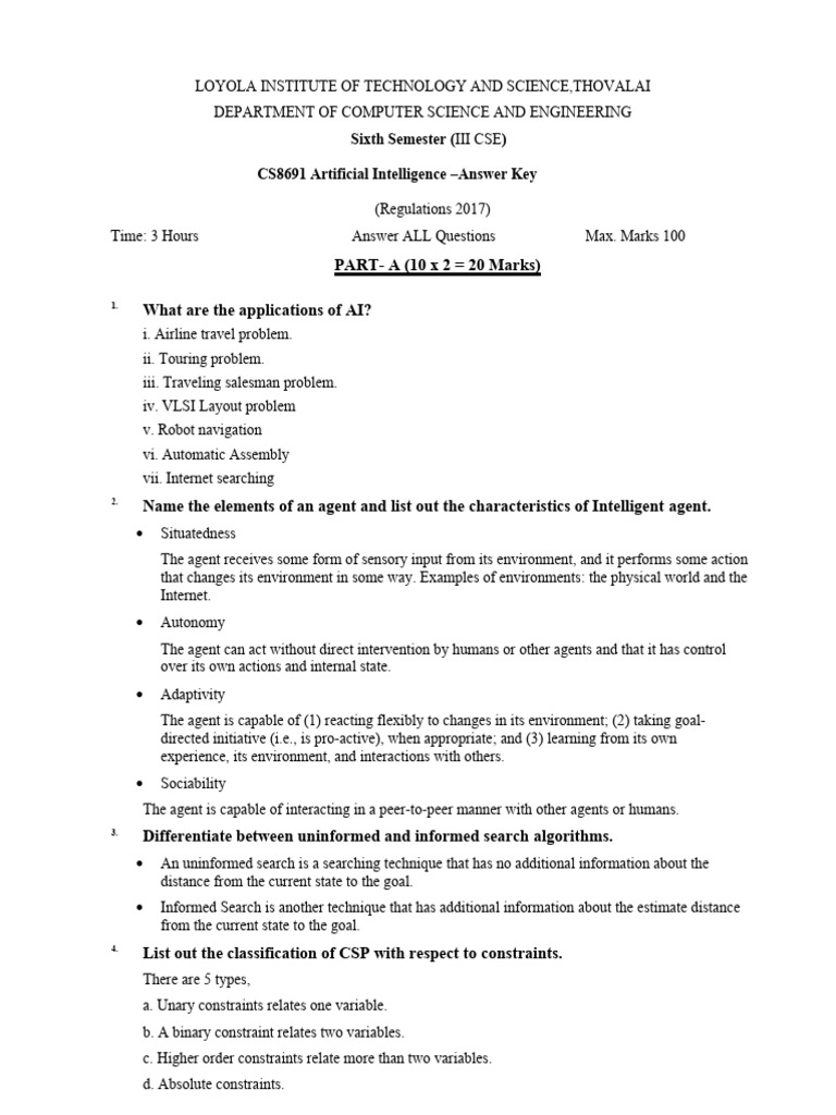 CS8691 AI Model Exam Answer Key | Download Free PDF | First Order Logic | Artificial Intelligence