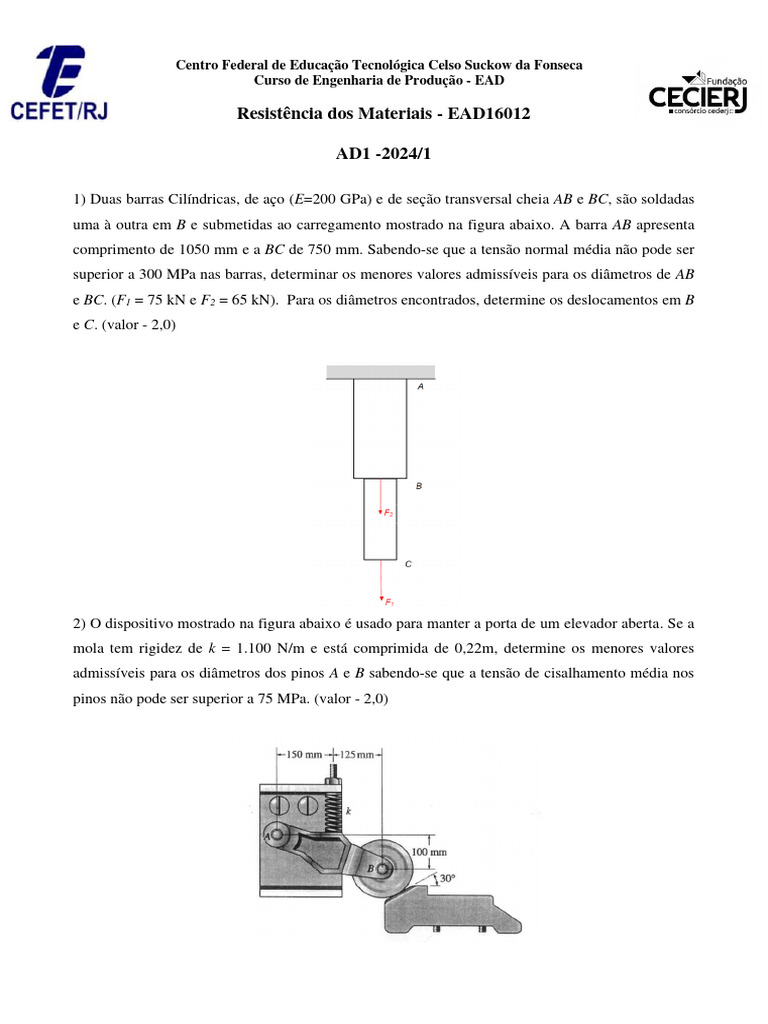 AD1 - Resistencia Dos Materiais 2024 - 1 | PDF | Estresse (Mecânica) | Física Aplicada e ...