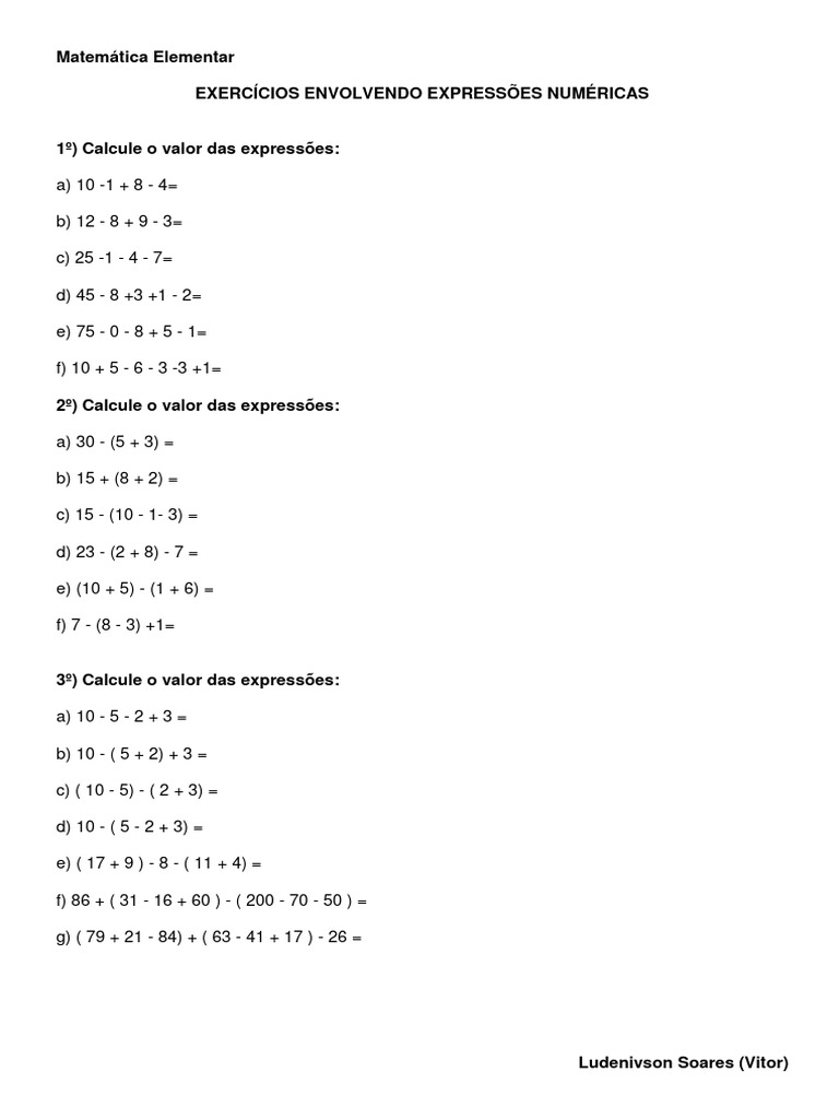 Lista 1 - Exercícios Envolvendo Expressões Numéricas | PDF