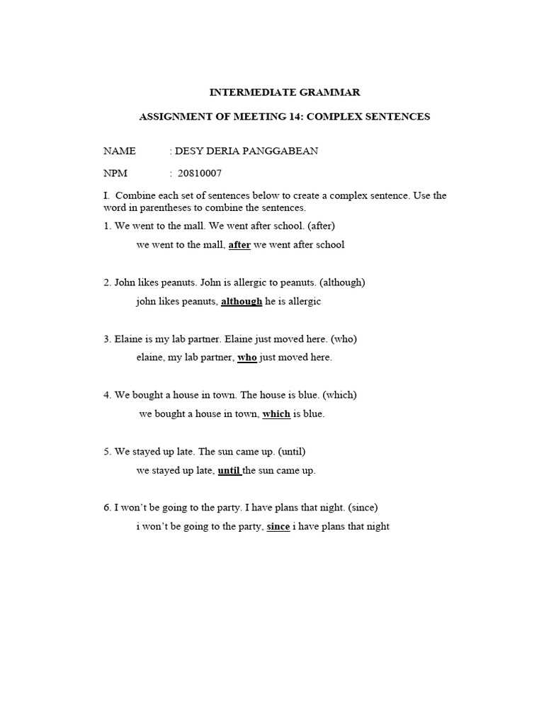 Assignment 14 Complex Sentences | PDF