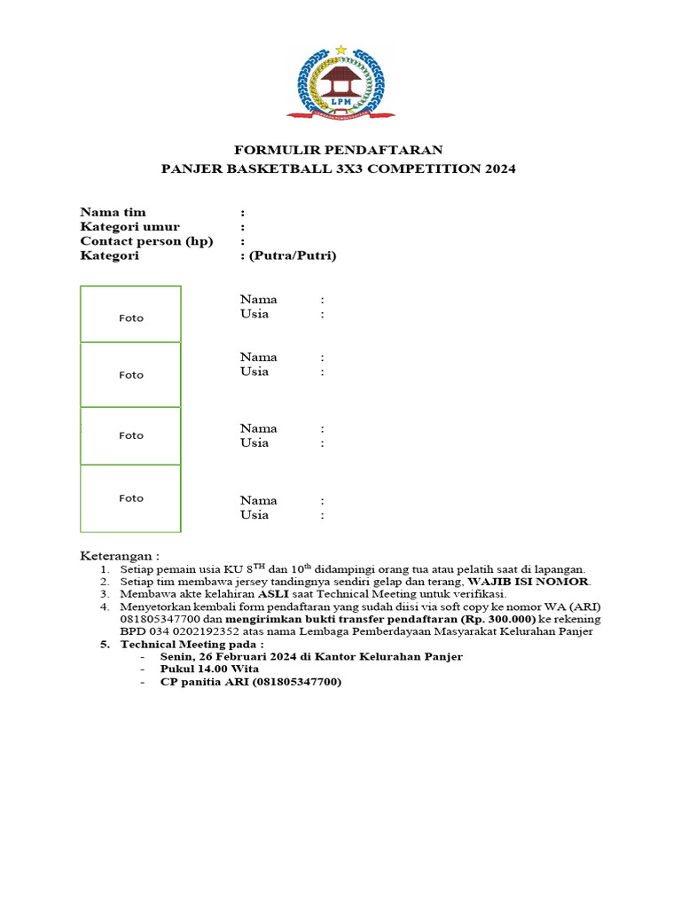 FORMULIR PENDAFTARAN PANJER BASKETBALL 3X3 COMPETITION 2024 | PDF