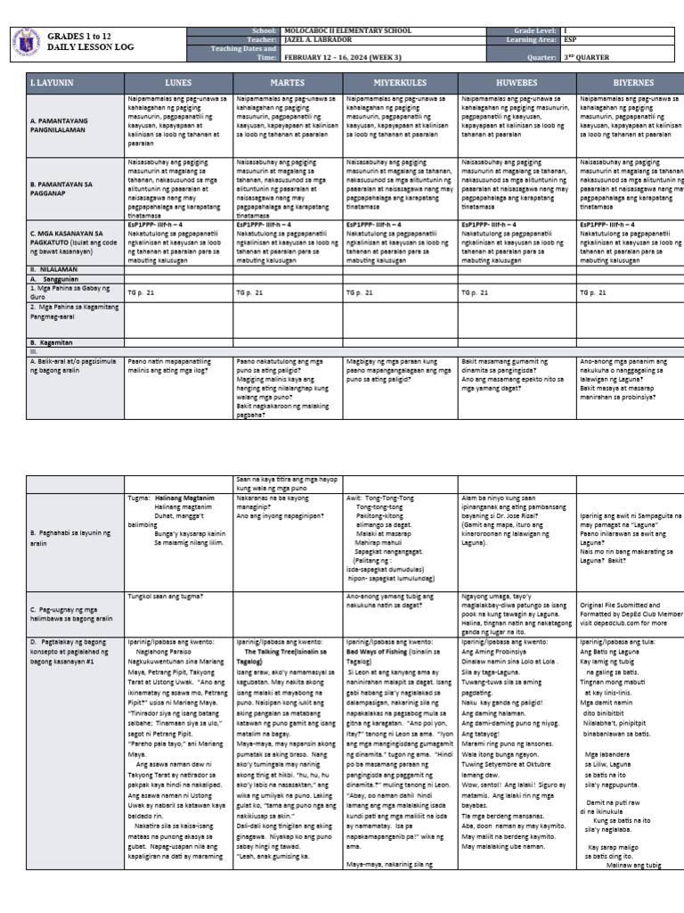 ESP 1 - Q3 - W3 daILY LESSON LOG | PDF
