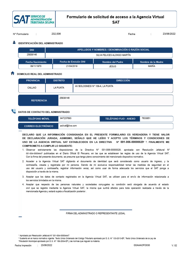 Formulario de Acceso de Agencia Virtual SAT | PDF