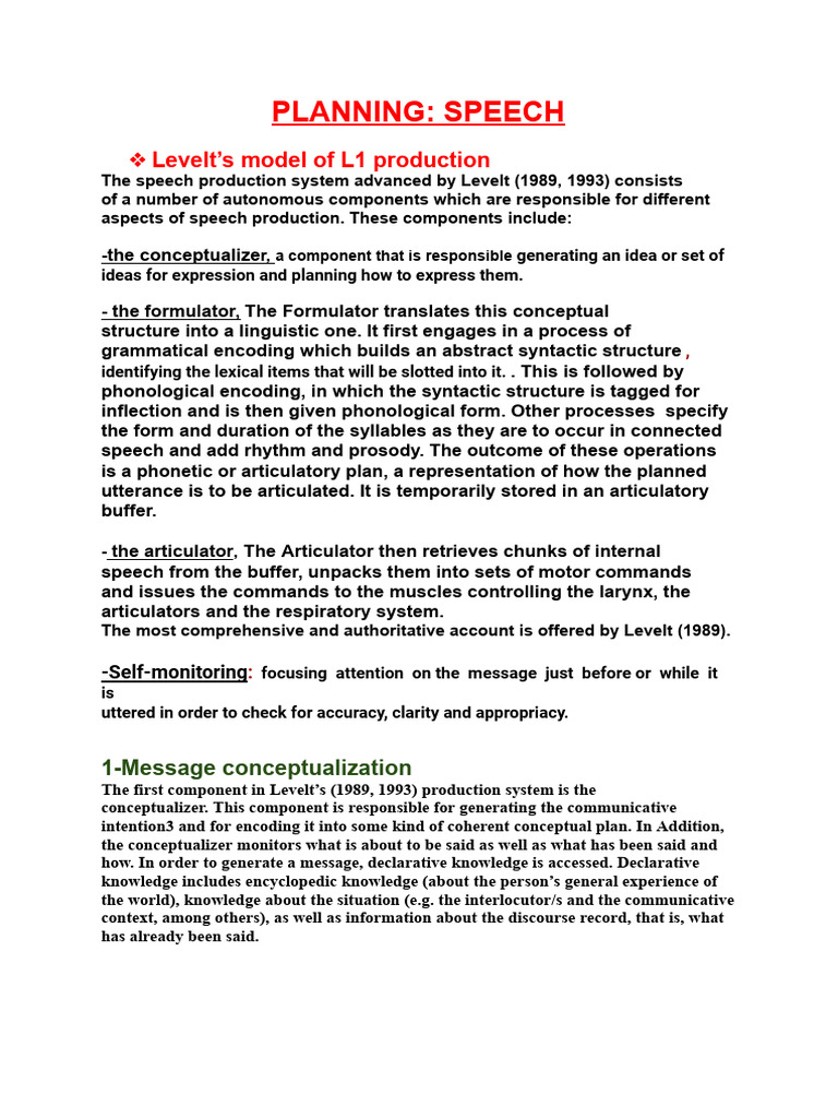 Planning: Speech: Levelt's Model of L1 Production | PDF | Word ...
