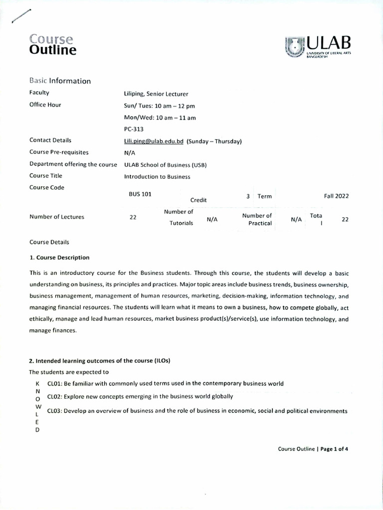 BBA Course Outline - ULAB | PDF