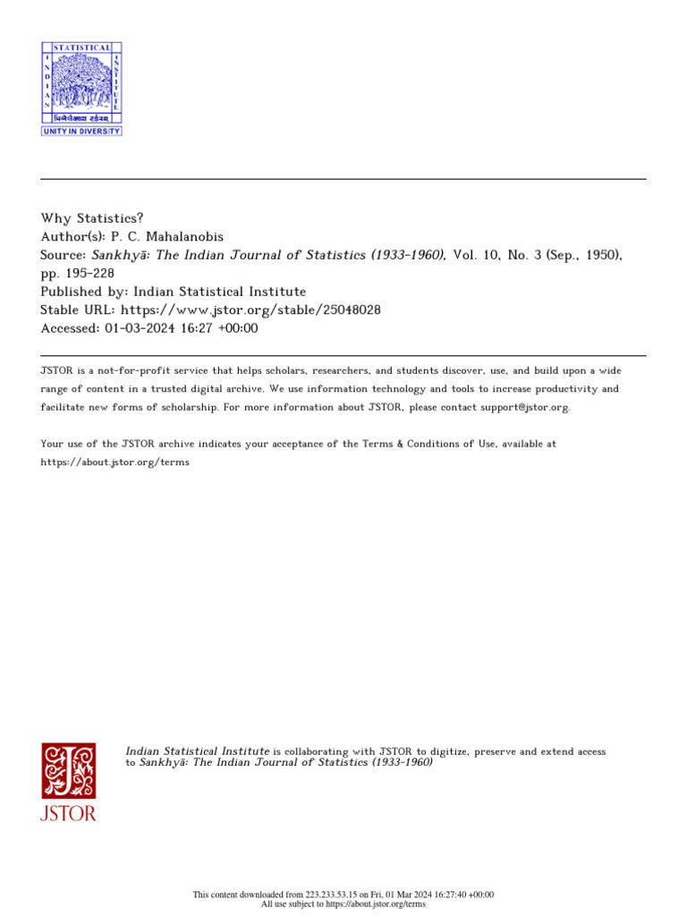 Mahalanobis Statistics 1950 | PDF
