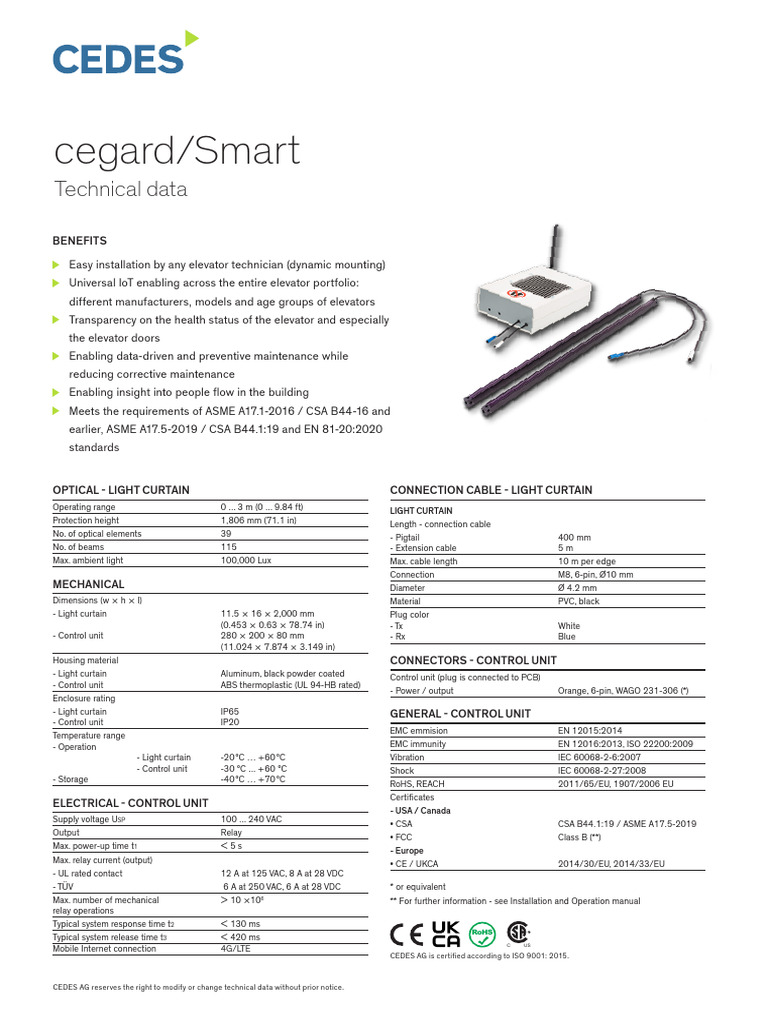 CEDES AG Optical Light Curtain Specs | PDF
