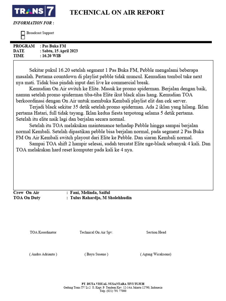 Log Report Pas Buka 15 April 2023 | PDF