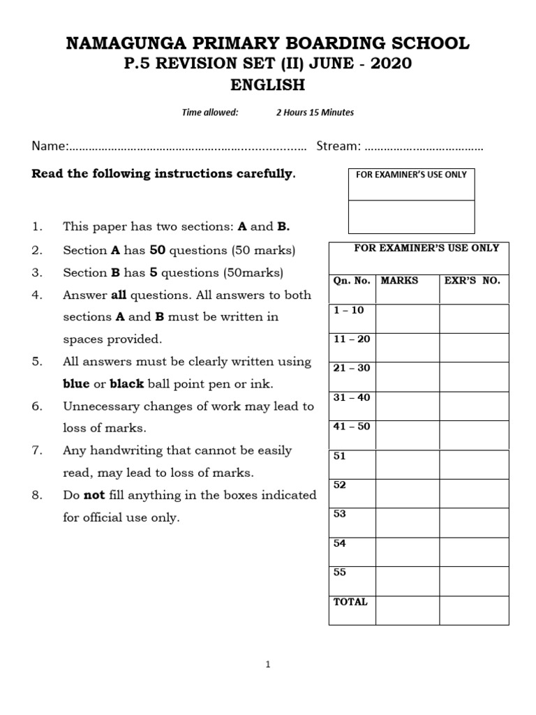 P.5 English Revision Set 2 Namagunga Primary Boarding School | PDF | Telephone | Ellipsis