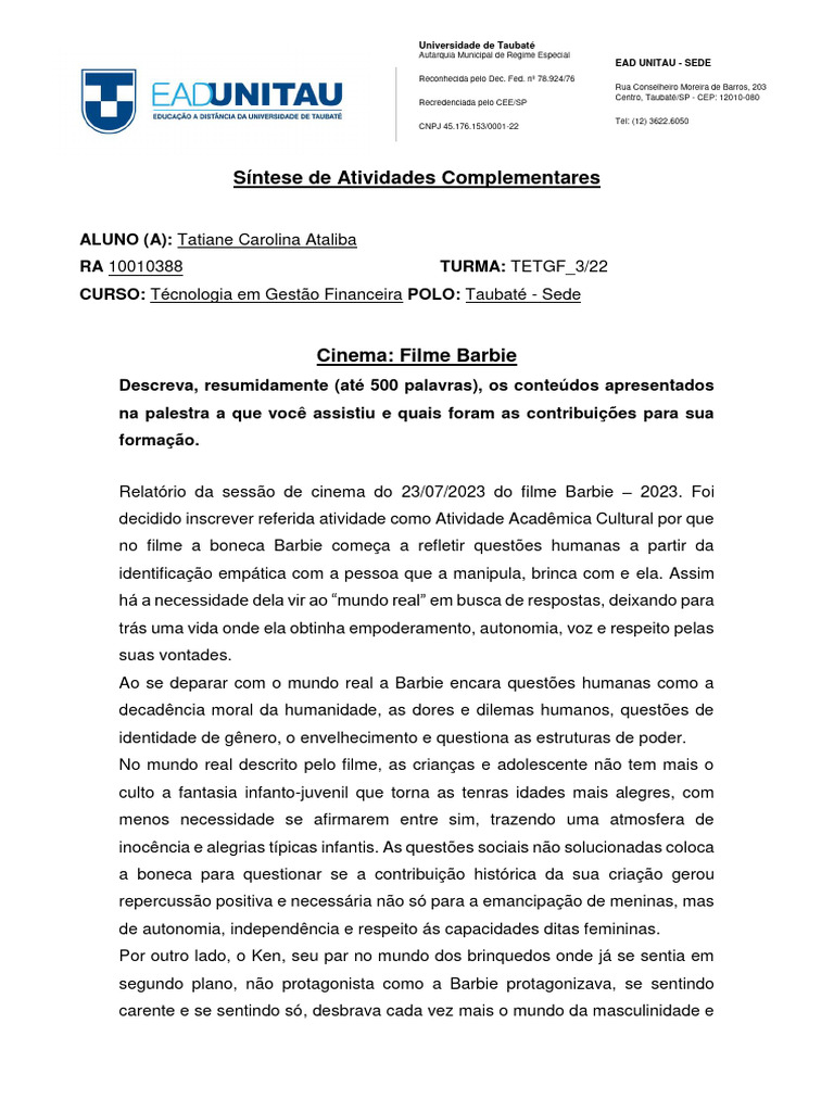 Relatorio de Atividade Complementar Do Filme Barbie | PDF