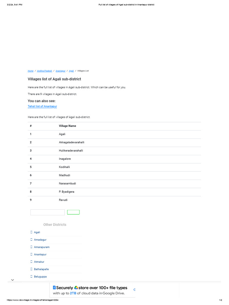 Full List of Villages of Agali Sub-District in Anantapur District | PDF