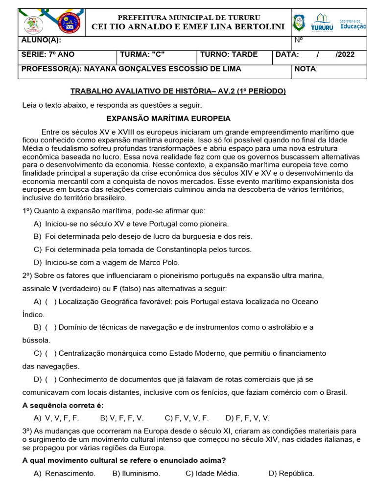 Prova de Historia - 7 Ano | PDF