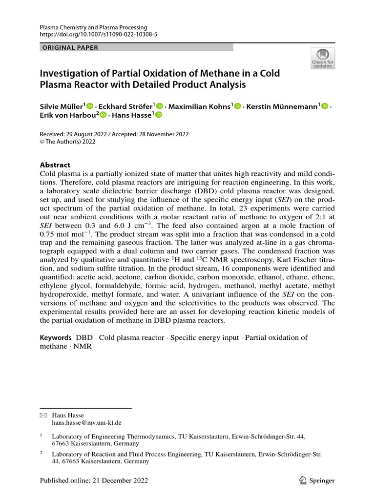 paper 2022 -oxidation of CH4 in plasma | PDF | Gas Chromatography | Methane