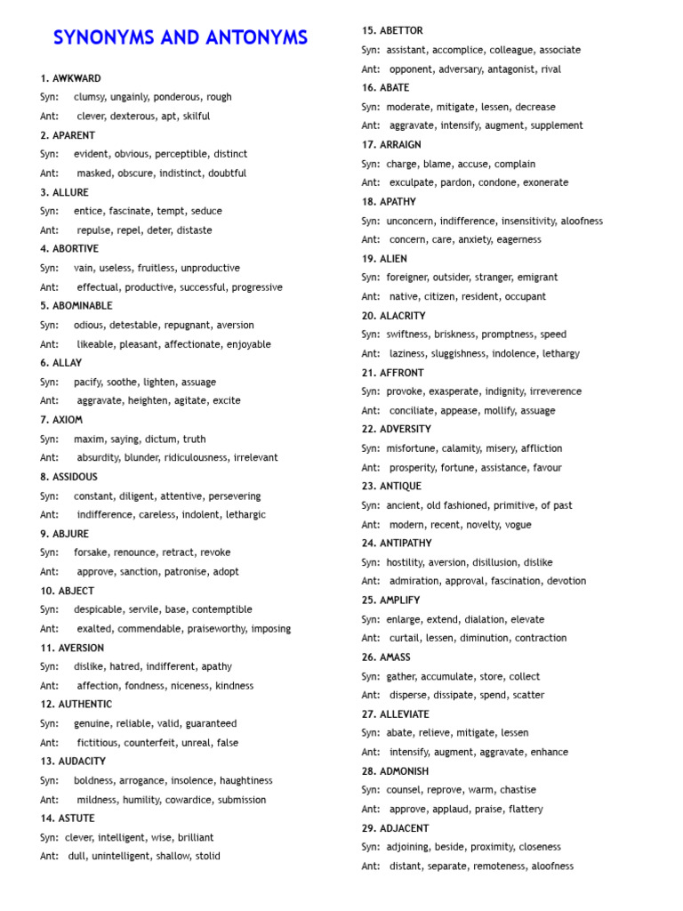 Synonyms and Antonyms Guide | PDF