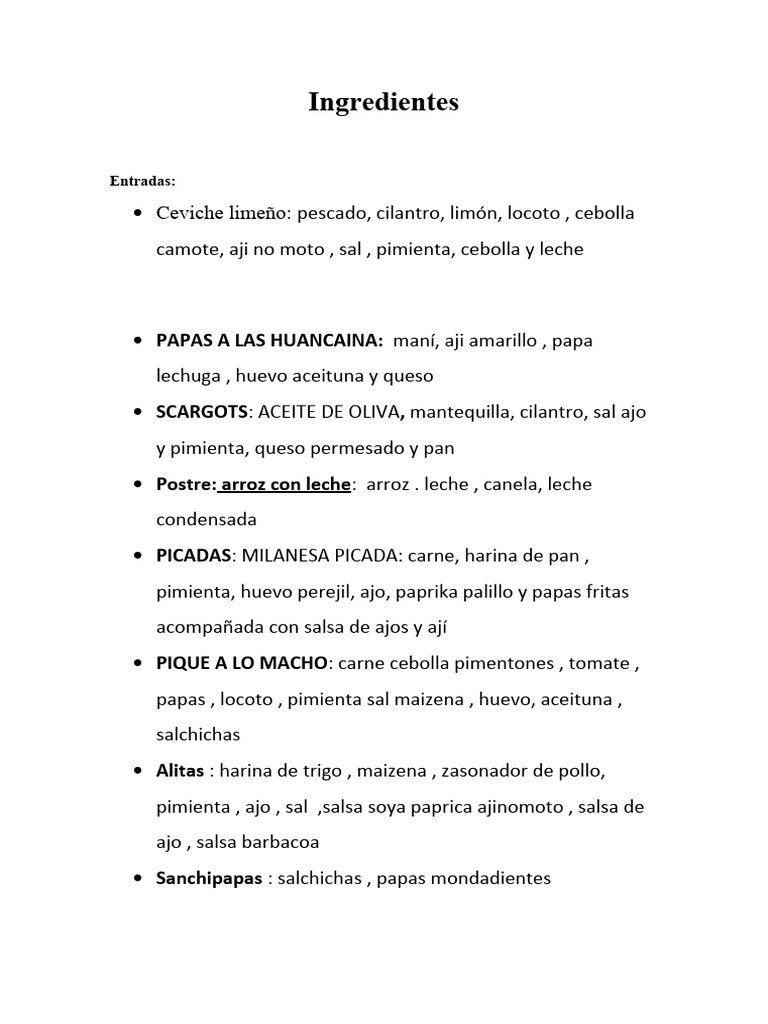 Ingredientes | PDF | Cocina, comidas y vino
