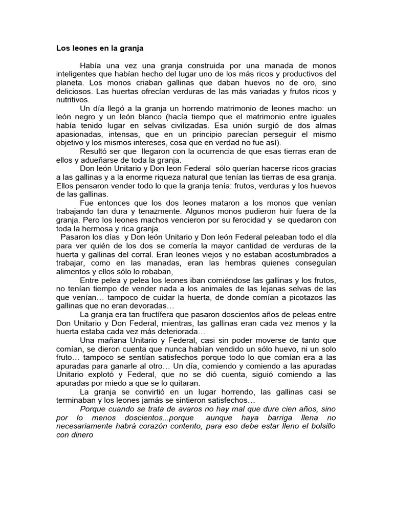 Leones Avaros en la Granja de Monos | PDF | Pollo | León