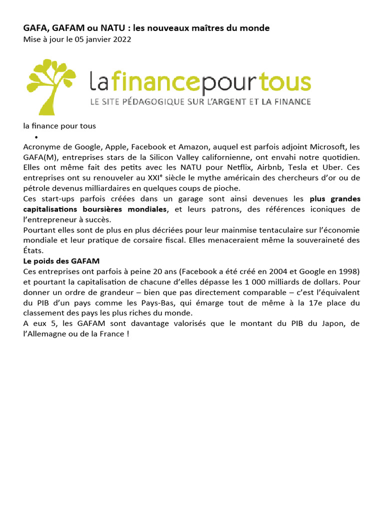 GAFA, GAFAM Ou NATU - Les Nouveaux Maîtres Du Monde | PDF