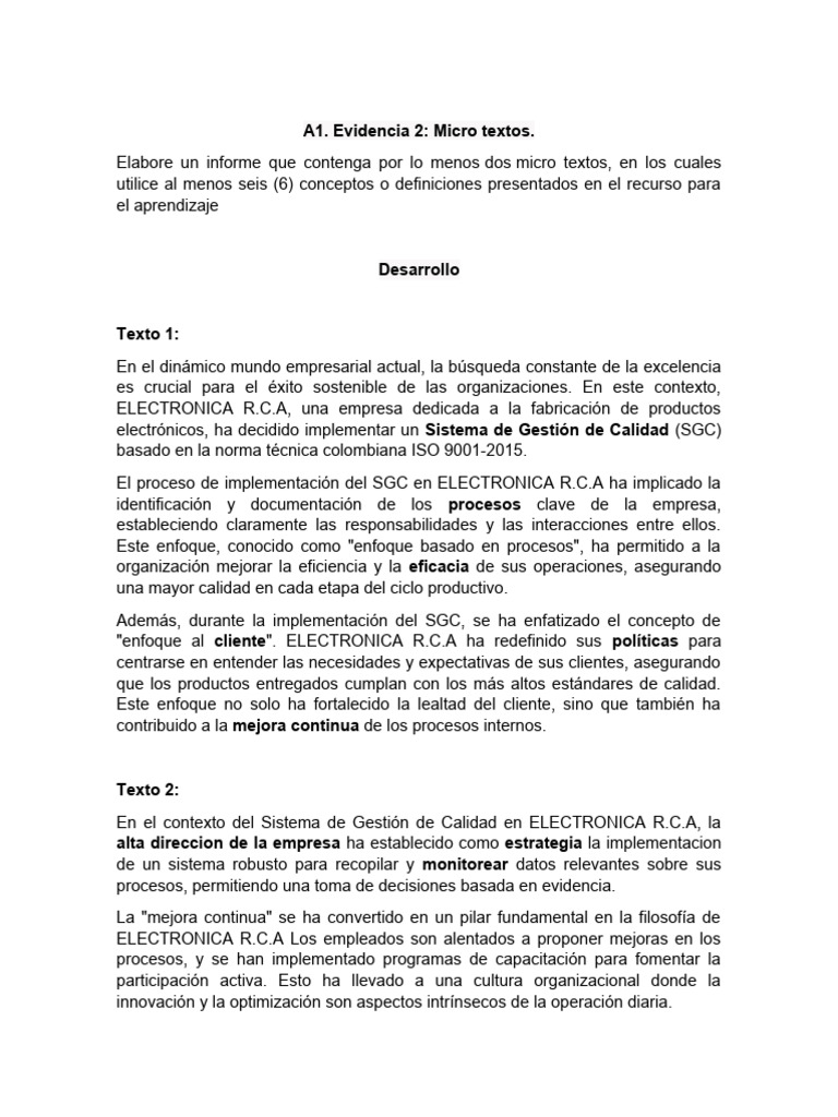 A1. Evidencia 2: Micro Textos. | Descargar gratis PDF | Calidad (comercial) | Sistema de manejo ...