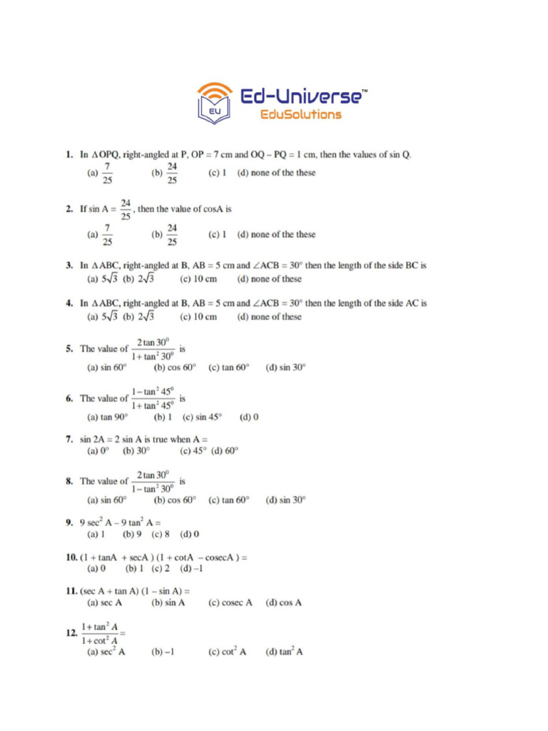 Class 10 Trigonometry Practice Questions | PDF