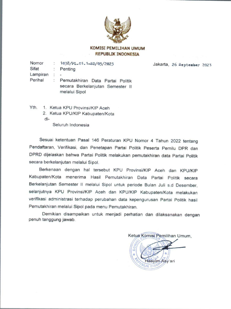 1038 SD Ketua Kepada Ketua KPU Prov Kab Kota Perihal Pemutakhiran Data ...