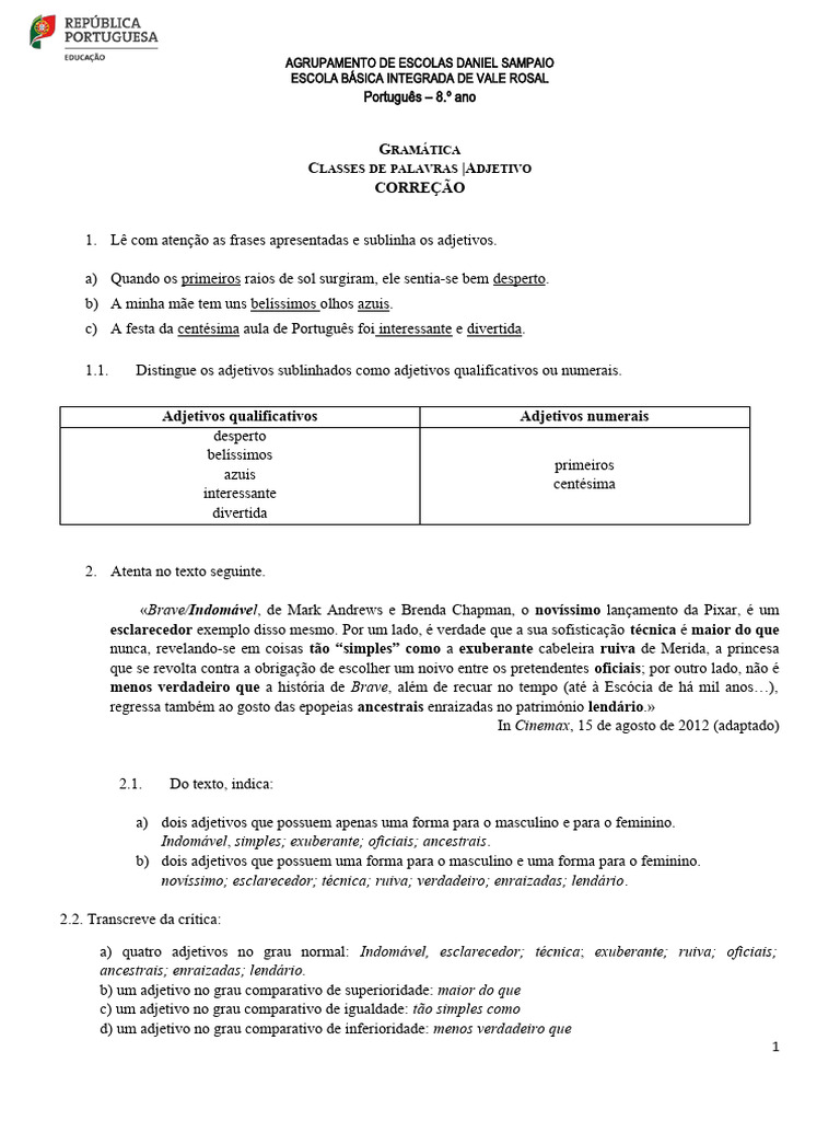Adjetivos_ficha de exercicios_correcao | PDF | Adjetivo | Linguística Adjetivos_ficha de exercicios_correcao | PDF | Adjetivo | Linguística