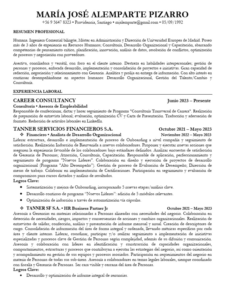 CV María José Alemparte P 2023 PDF | PDF | Psicología industrial y ...