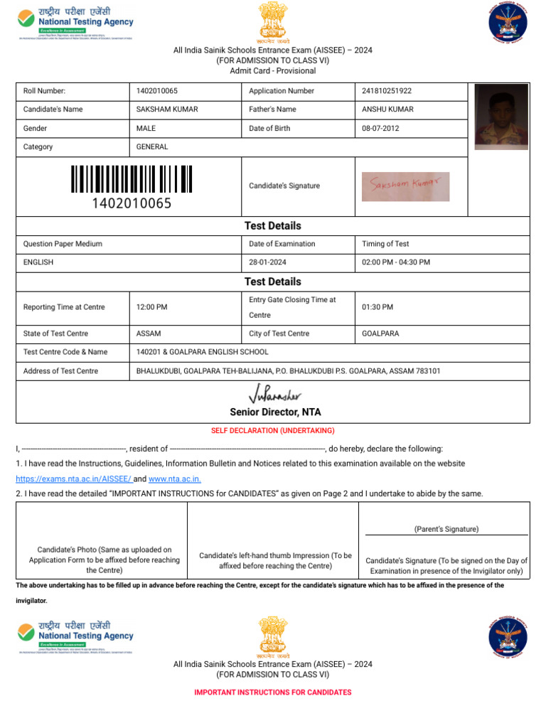 ALL INDIA SAINIK SCHOOLS ENTRANCE EXAM AISSEE - AISSEE - 2024 - India | PDF