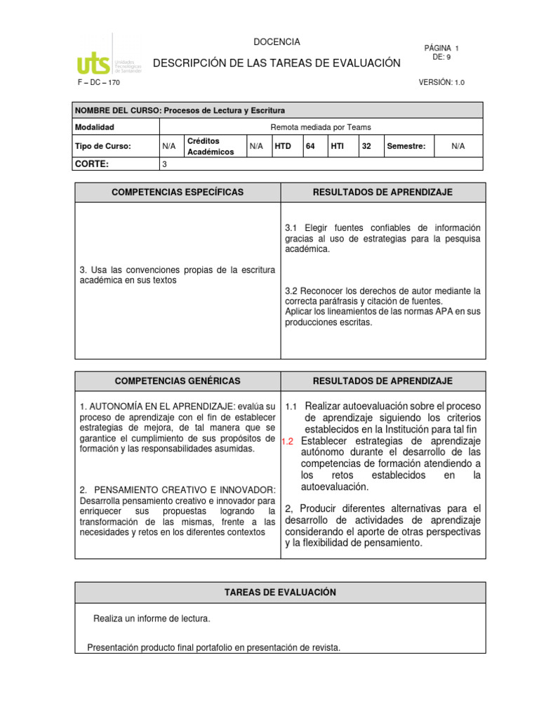 AF-DC-170 Corte 3 Descrip Tareas Amb PLE 2023-2 | PDF | Evaluación | Enseñando