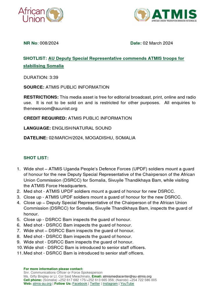 AU Deputy Rep. Praises ATMIS Troops | PDF | African Union Mission To ...