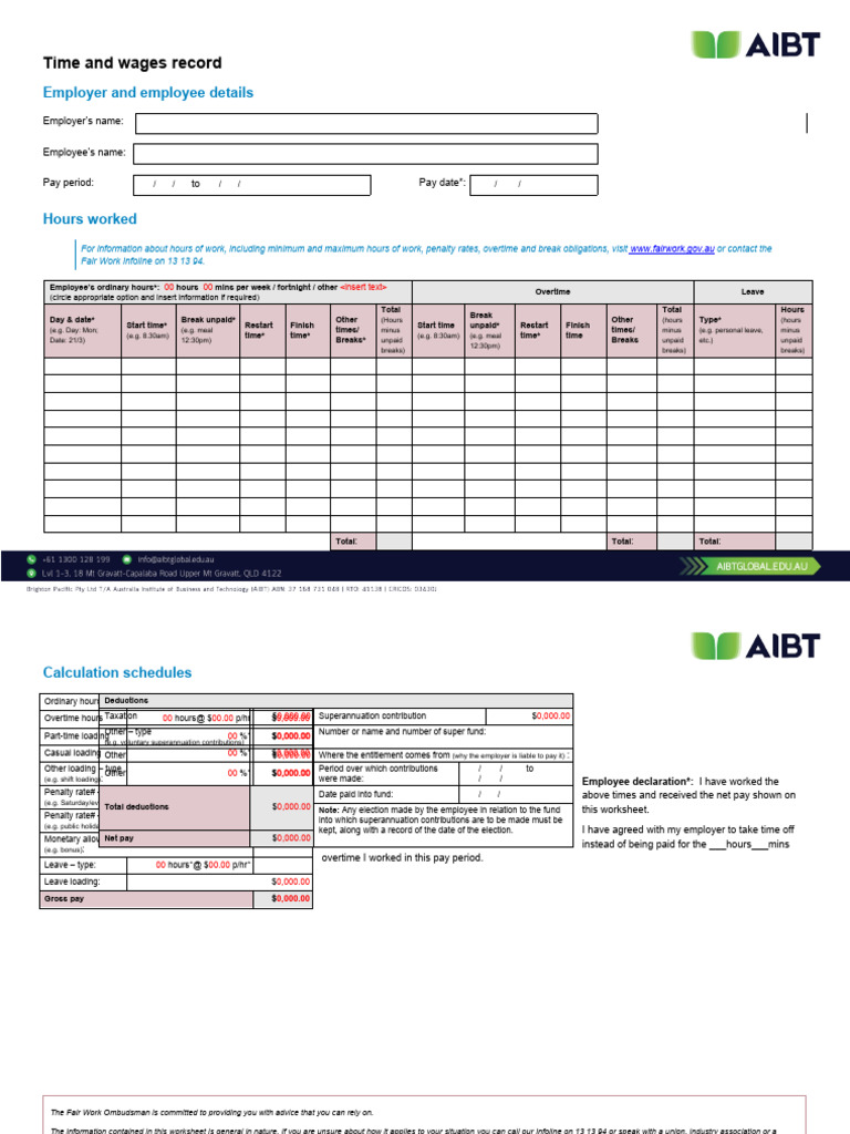 SITXHRM008 - Weekly Time and Wages Record Template | PDF | Overtime ...