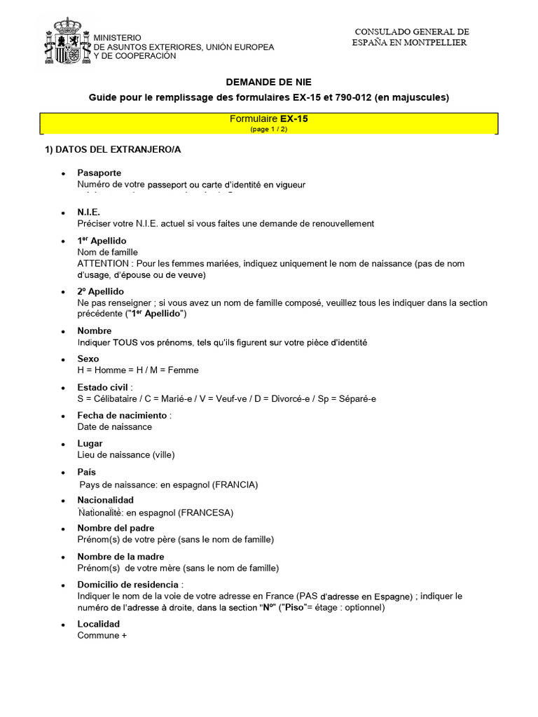 Guide Formulaire EX-15 pour NIE Espagne | PDF | Onomastique
