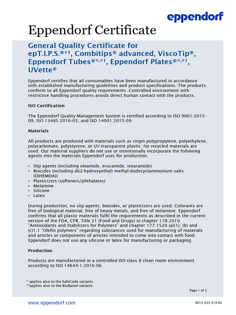 Eppendorf - Consumables - Certificate Quality Conformity Eppendorf Laboratory Consumables ...