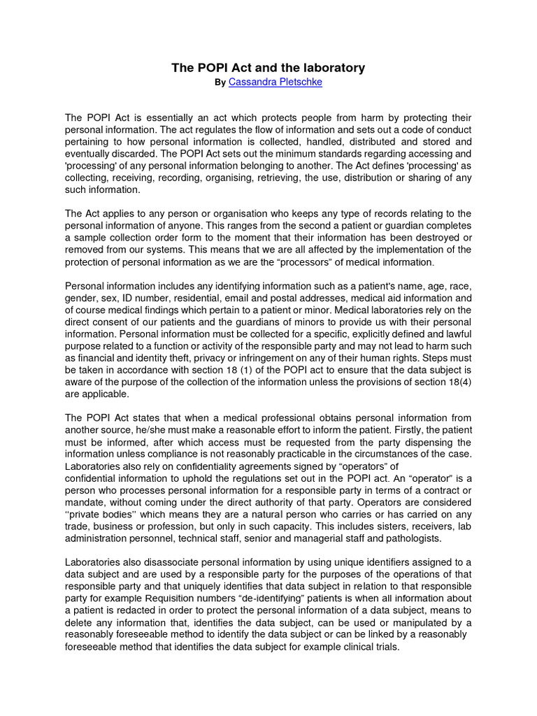 POPI Act Overview for Medical Labs | PDF | Information | Justice