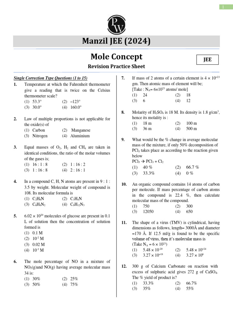 Mole Concept - Practice Sheet | PDF