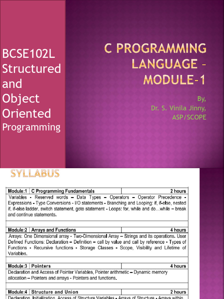 BCSE102L Structured and Object Oriented: Programming | PDF | C (Programming Language) | Computer ...