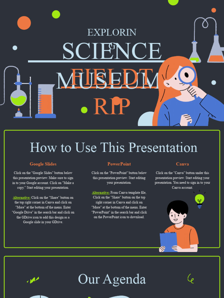 Dark Gray Neon Green and Orange Illustrative Exploring Science Museum ...