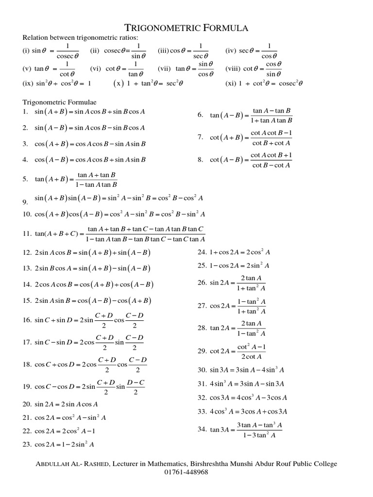 Formula Trig | Download Free PDF | Trigonometric Functions | Algebra