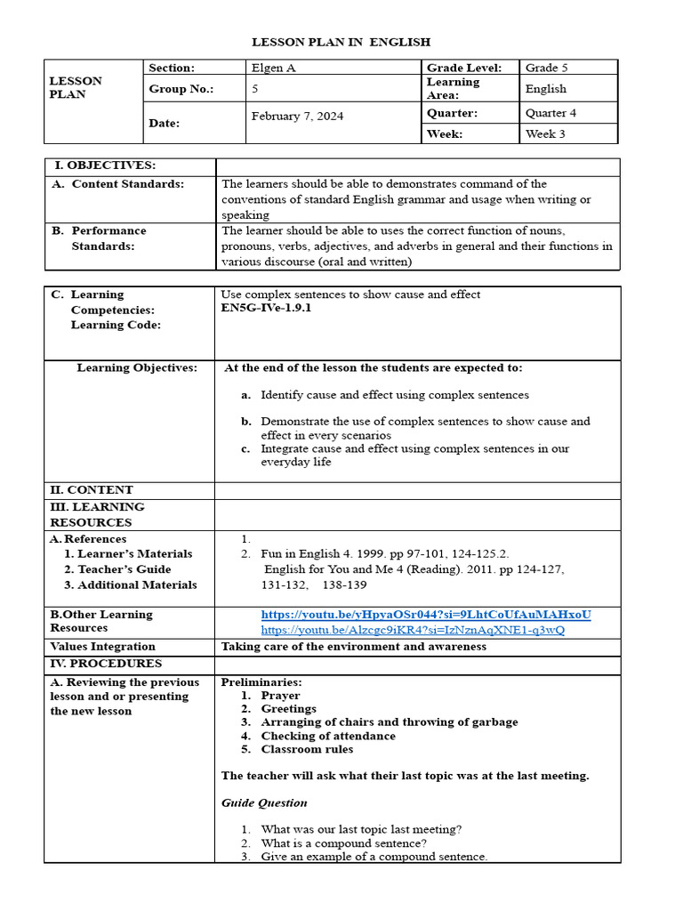 Grade 5 Lesson Plan | PDF