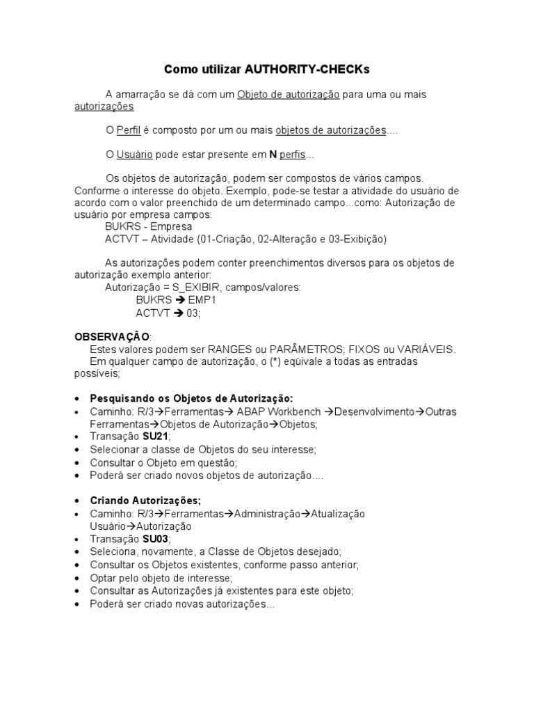 Utilização de AUTHORITY-CHECKs em SAP ABAP | PDF | Áreas de Ciência da ...