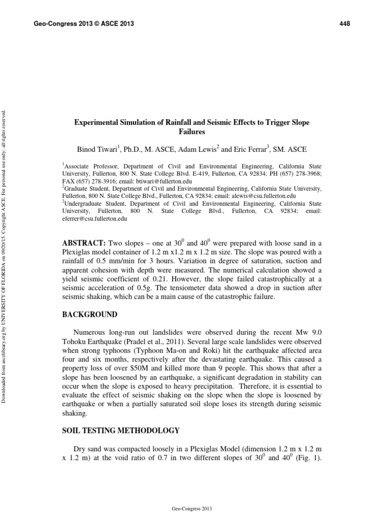 Experimental Simulation of Rainfall and Seismic Effects To Trigger Slope Failures | PDF
