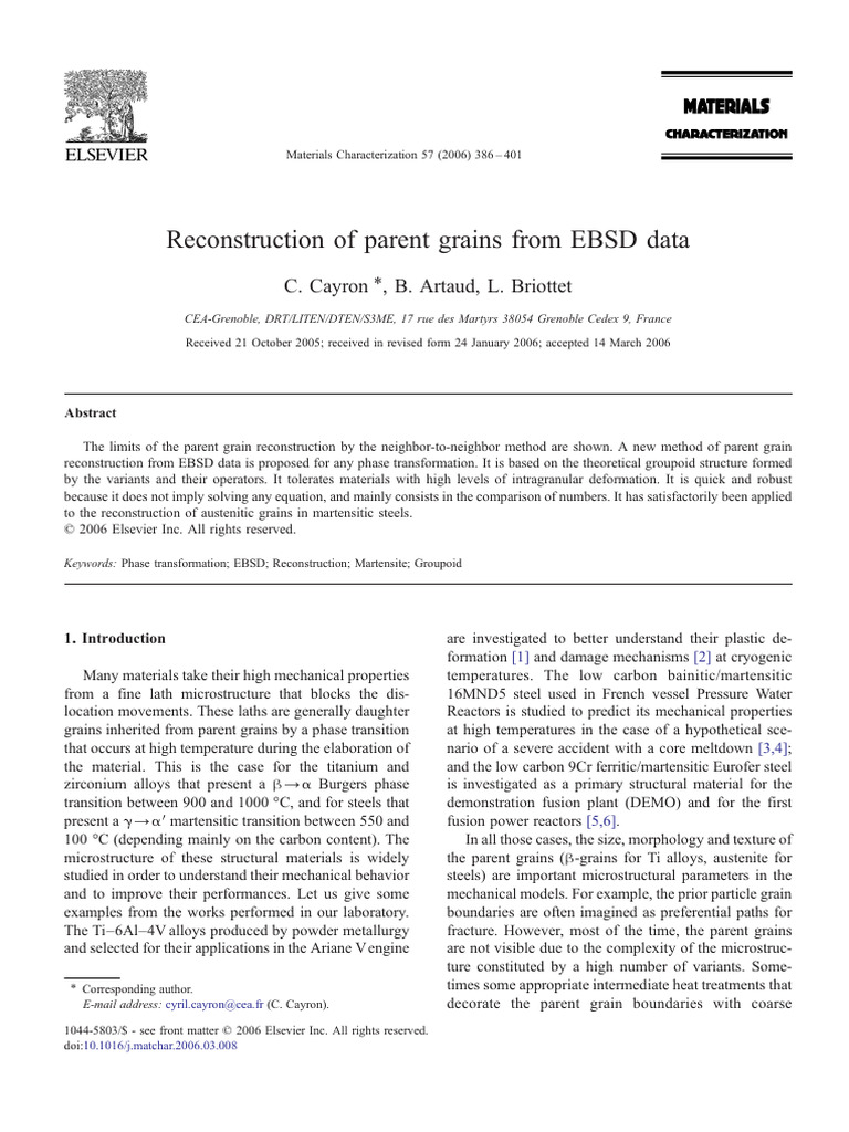 Cayron 2006 - Reconstruction of Parent Grains From EBSB Data, Materials ...