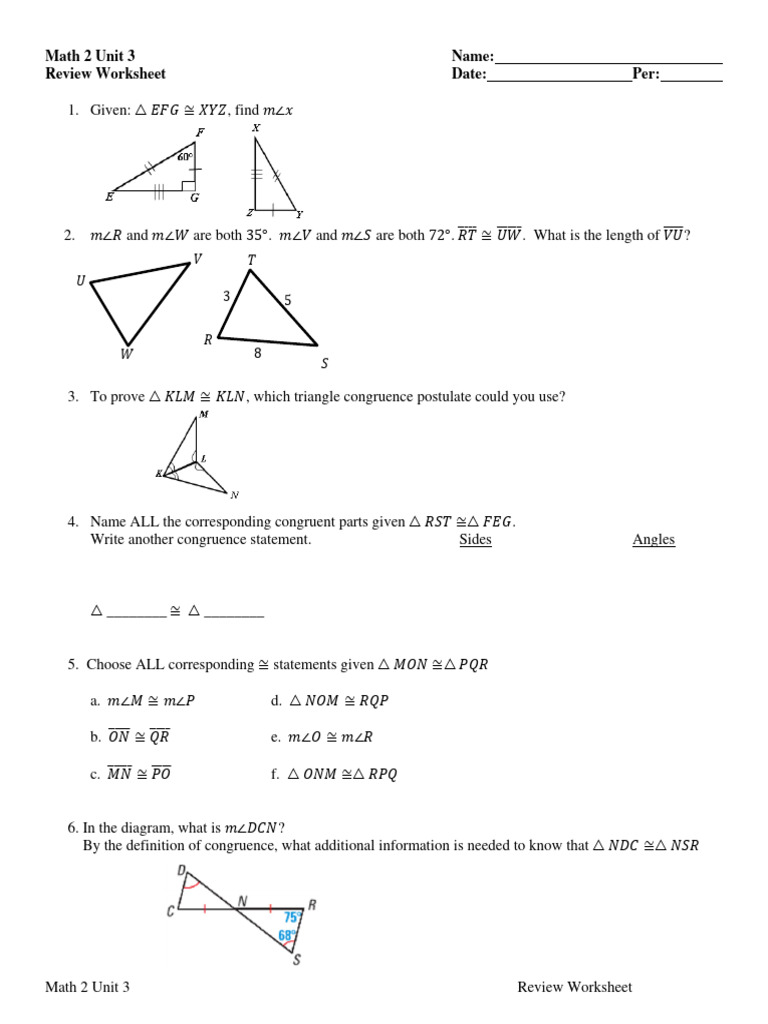 Math 2 Unit 3 Review Worksheet | PDF