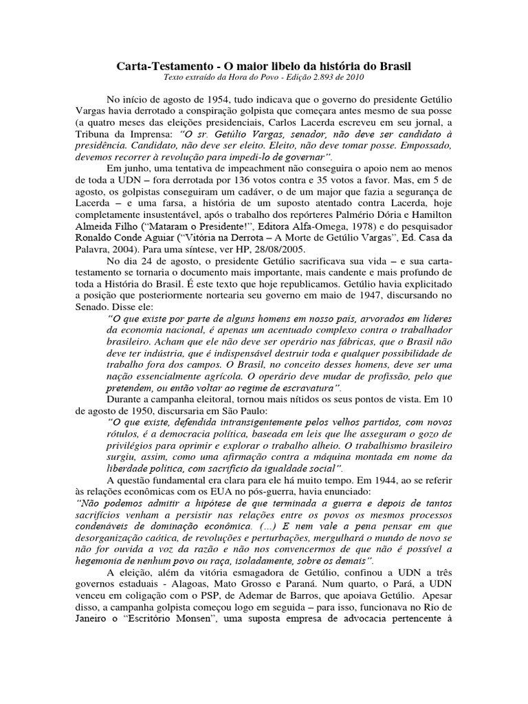 Carta-Testamento - O Maior Libelo Da História Do Brasil | PDF | Brasil ...
