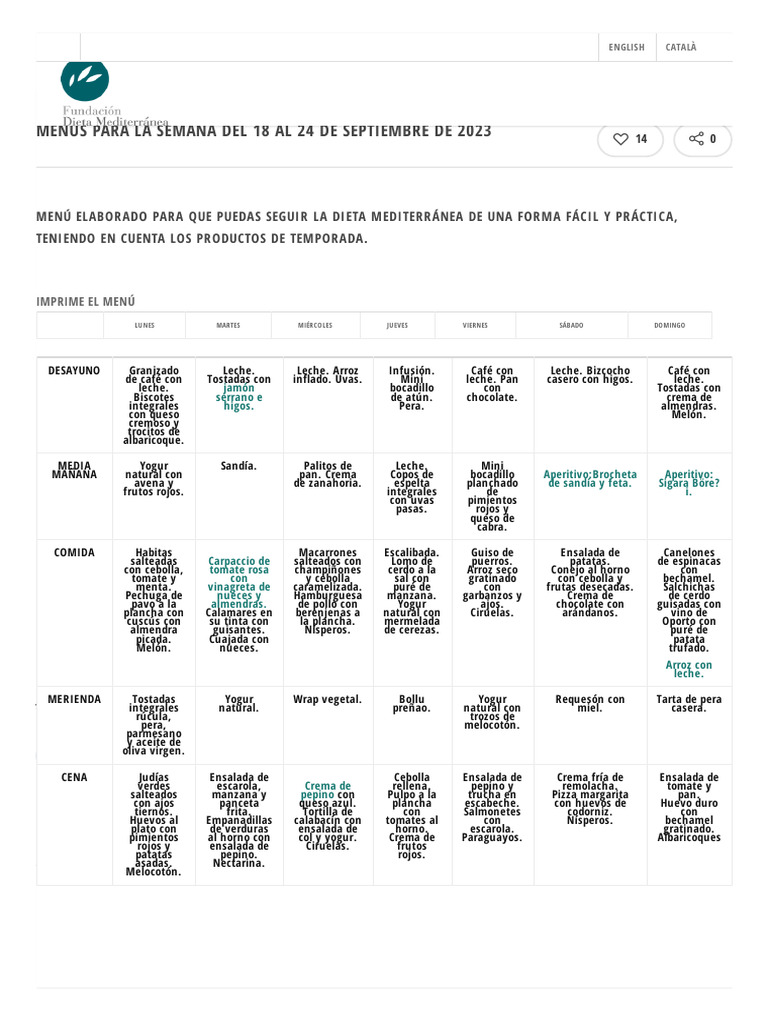 Menús Para La Semana Del 18 Al 24 de Septiembre de 2023 – FUNDACIÓN DIETA MEDITERRANEA | PDF ...