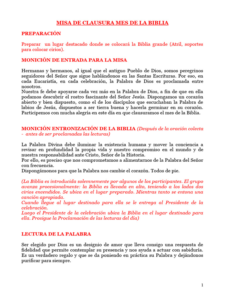 Monicion Mes de La Biblia | PDF | eucaristía | Misa (liturgia)