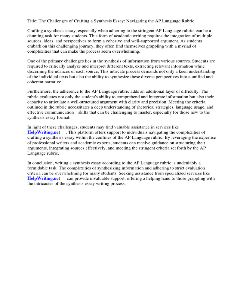 Synthesis Essay AP Language Rubric | PDF | Rubric (Academic) | Essays