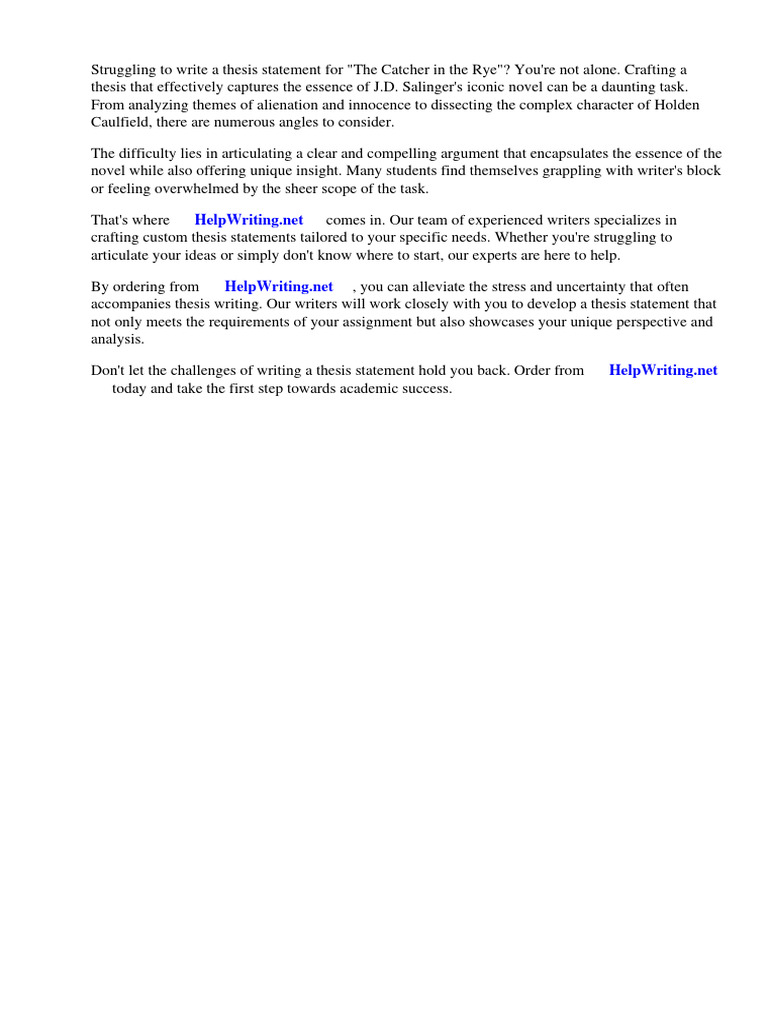 Thesis Statement Catcher in The Rye | PDF | J. D. Salinger